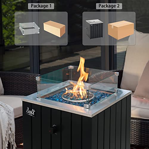 BALI OUTDOORS Gas Firepit Table 41,000 BTU, Square Propane Fire Pit with Stainless Steel Table Top Glass Wind Guard Blue Fire Stone, 23.6 Inch Outdoor Furniture Table for Backyard Patio Garden