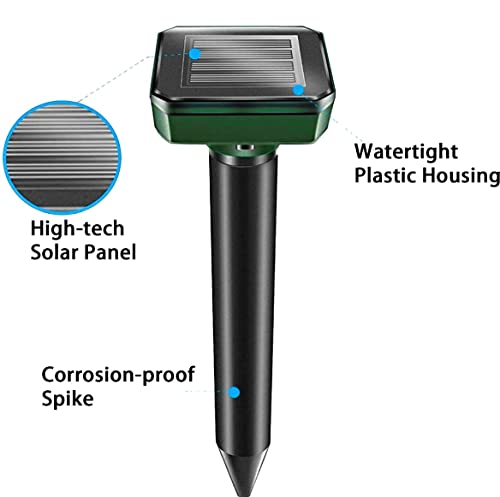 Solar Powered Mole Repellent Stakes - Safe and Quiet Ultrasonic Outdoor Pest Repellent Spike for Gopher, Vole, Groundhog and Shrews - Waterproof Outdoor Pest Deterrent for Lawn and Garden - 4 Pack
