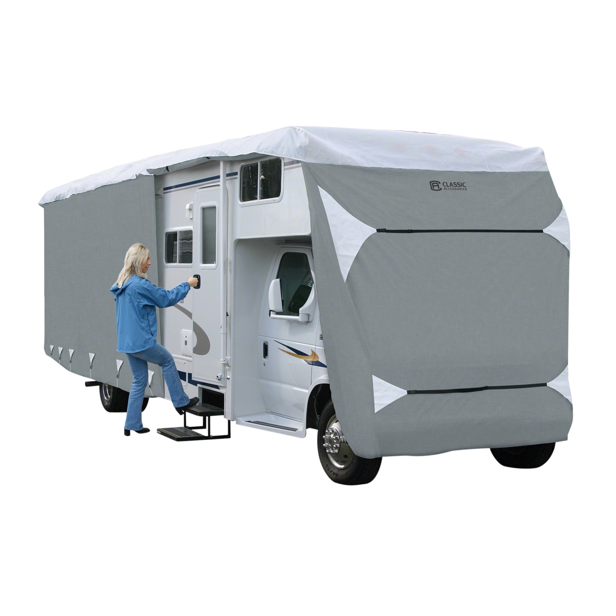 Classic Accessories Over Drive PolyPRO 3 Deluxe Class C RV Cover, Fits 29' - 32' RVs, Model 5, Air Vents, Water-Repellant Top Panel, Durable, Breathable, Resists Tears and Rips, Grey/White