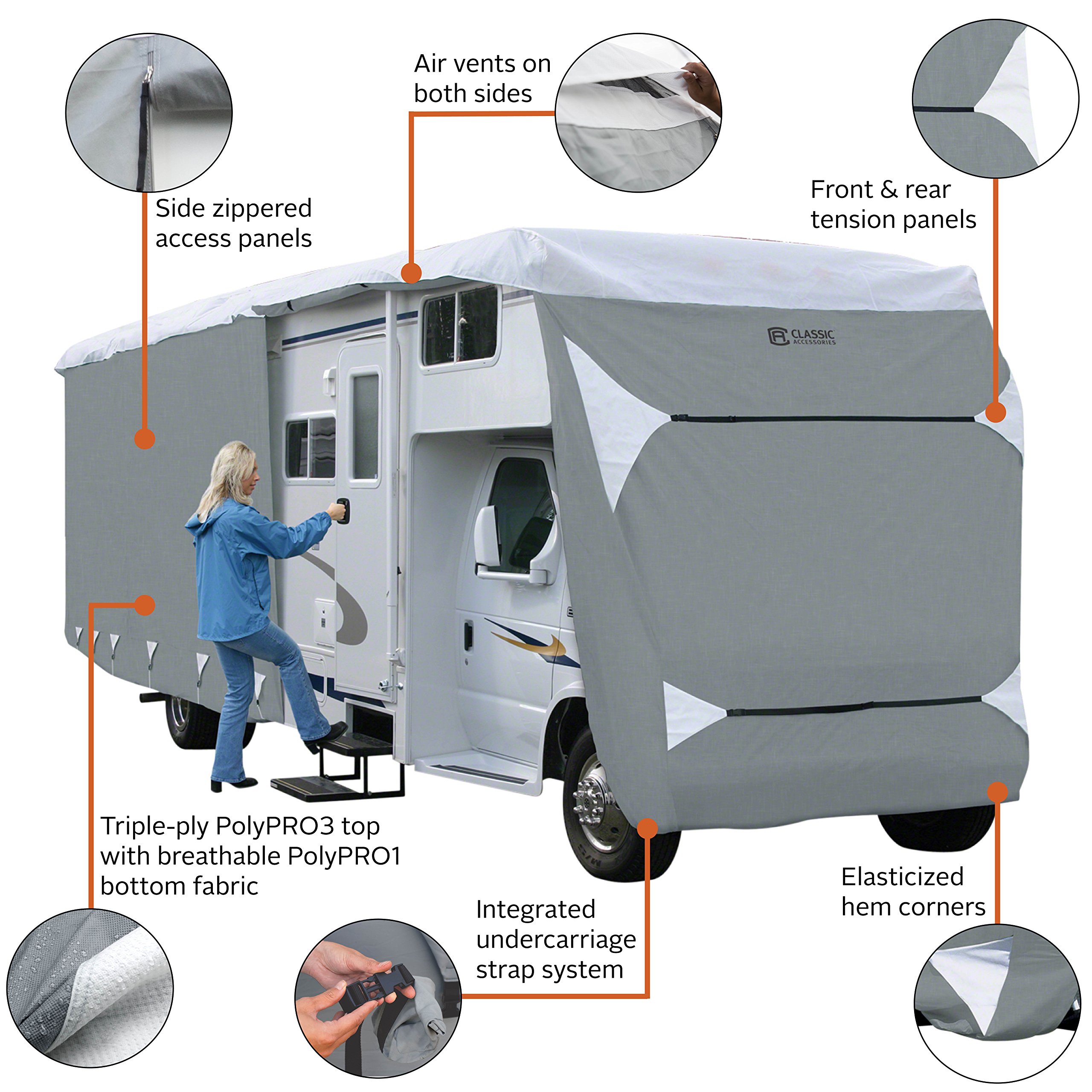Classic Accessories Over Drive PolyPRO 3 Deluxe Class C RV Cover, Fits 29' - 32' RVs, Model 5, Air Vents, Water-Repellant Top Panel, Durable, Breathable, Resists Tears and Rips, Grey/White