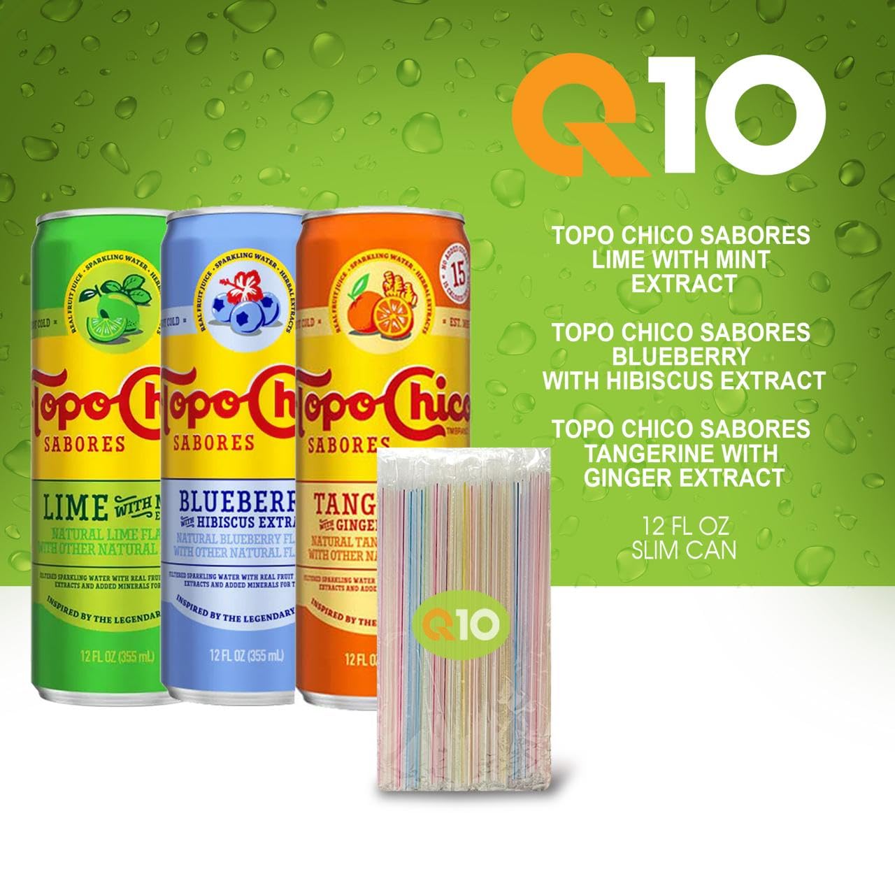QUALITATT 10 Brand Box, Sabores Sparkling Water Variation Collection, Lime,Tangerine, Blueberry, Box 24 Count 8 Each + 80 Disposable Food Grade Plastic Straws by QUALITATT 10 Brand