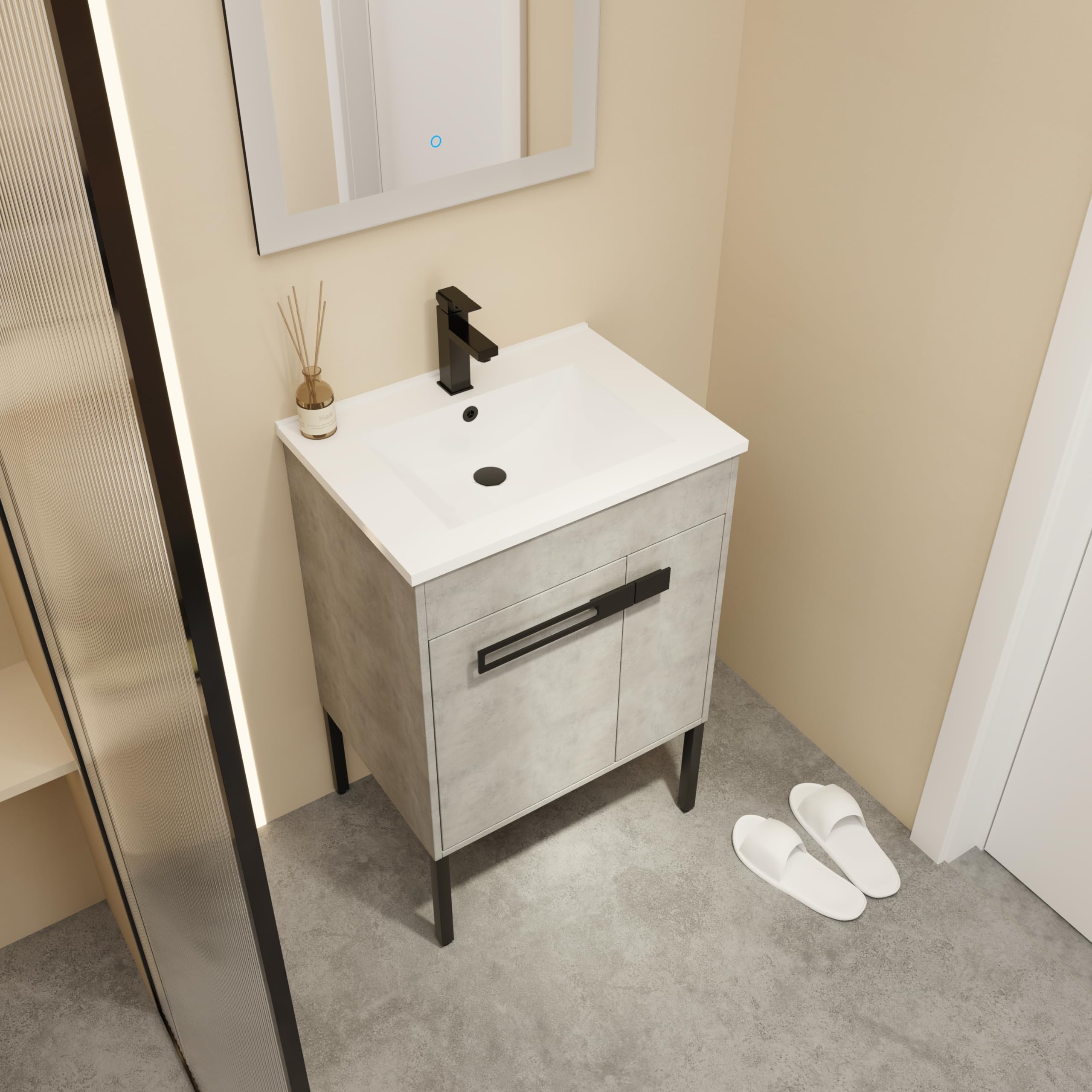 Maotifeys Wall Mounted & Free Standing Bathroom Vanity with Sink Modern 24" Bathroom Vanity with Storage Cabinet Wood Bath Vanity w/Ceramic Sink for Small Space