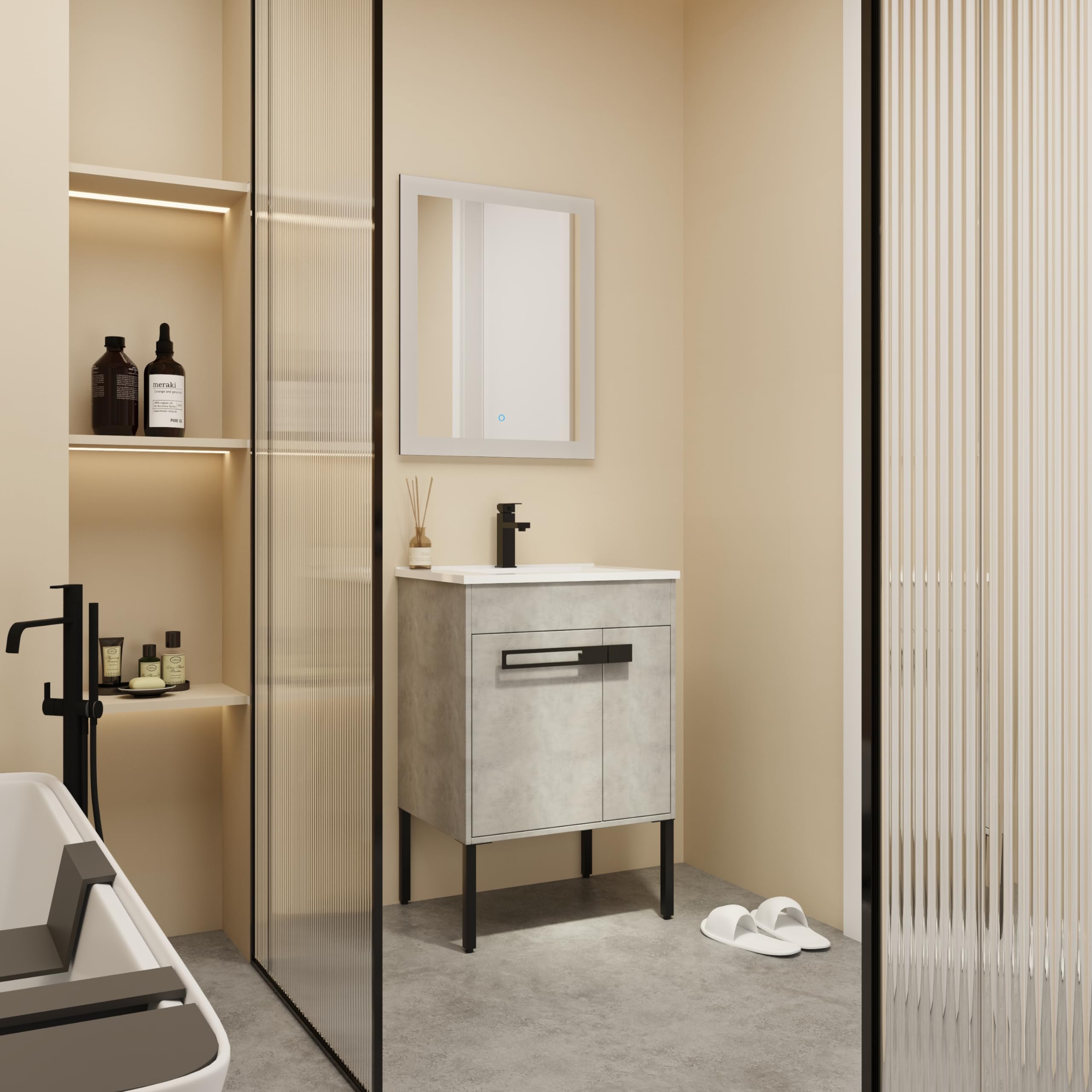 Maotifeys Wall Mounted & Free Standing Bathroom Vanity with Sink Modern 24" Bathroom Vanity with Storage Cabinet Wood Bath Vanity w/Ceramic Sink for Small Space