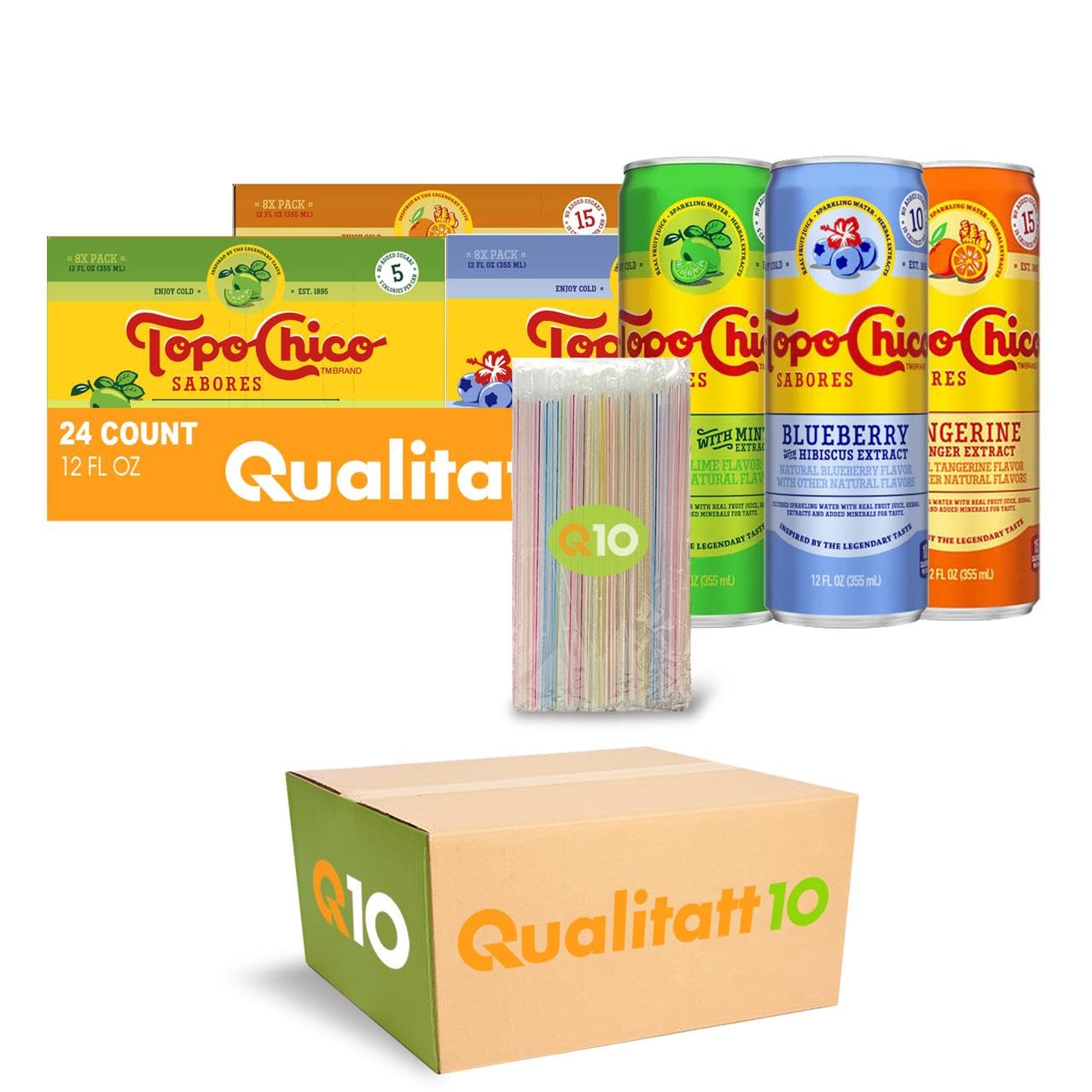 QUALITATT 10 Brand Box, Sabores Sparkling Water Variation Collection, Lime,Tangerine, Blueberry, Box 24 Count 8 Each + 80 Disposable Food Grade Plastic Straws by QUALITATT 10 Brand