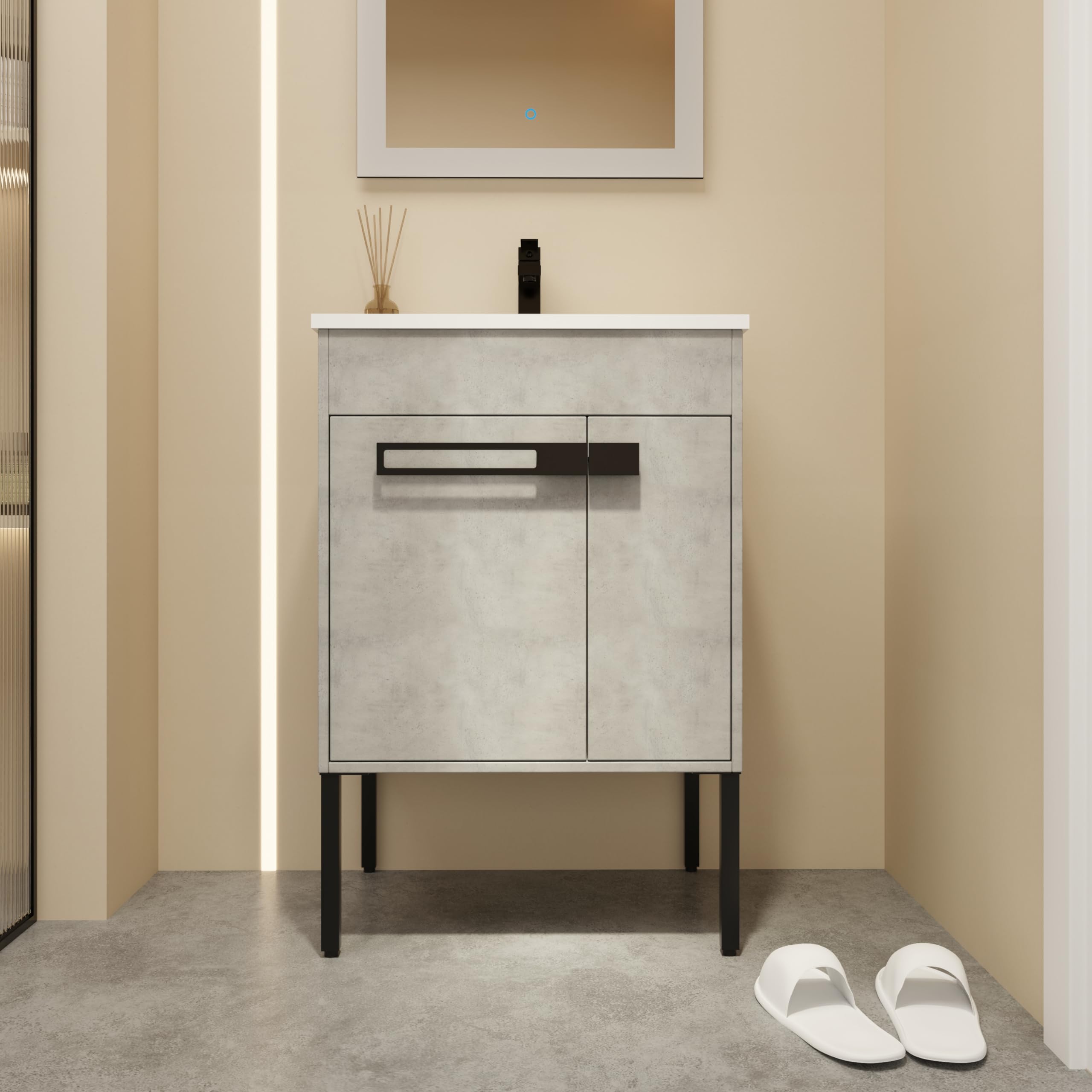 Maotifeys Wall Mounted & Free Standing Bathroom Vanity with Sink Modern 24" Bathroom Vanity with Storage Cabinet Wood Bath Vanity w/Ceramic Sink for Small Space