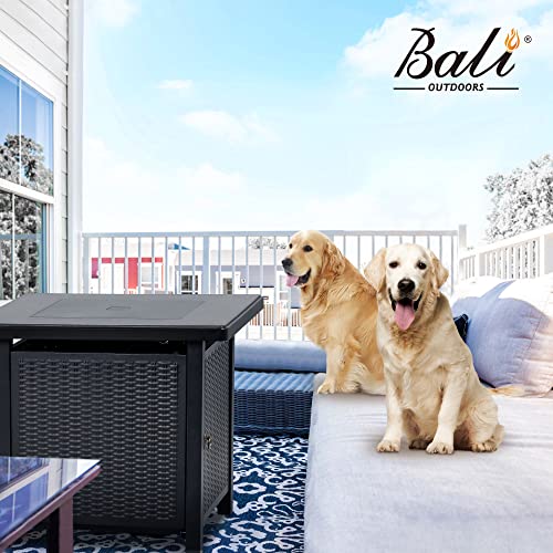 BALI OUTDOORS 28 Inch Propane Fire Pit Table, Rattan & Wicker-Look 50,000 BTU Gas Firepits with Blue Fire Glass for Outside Patio and Garden