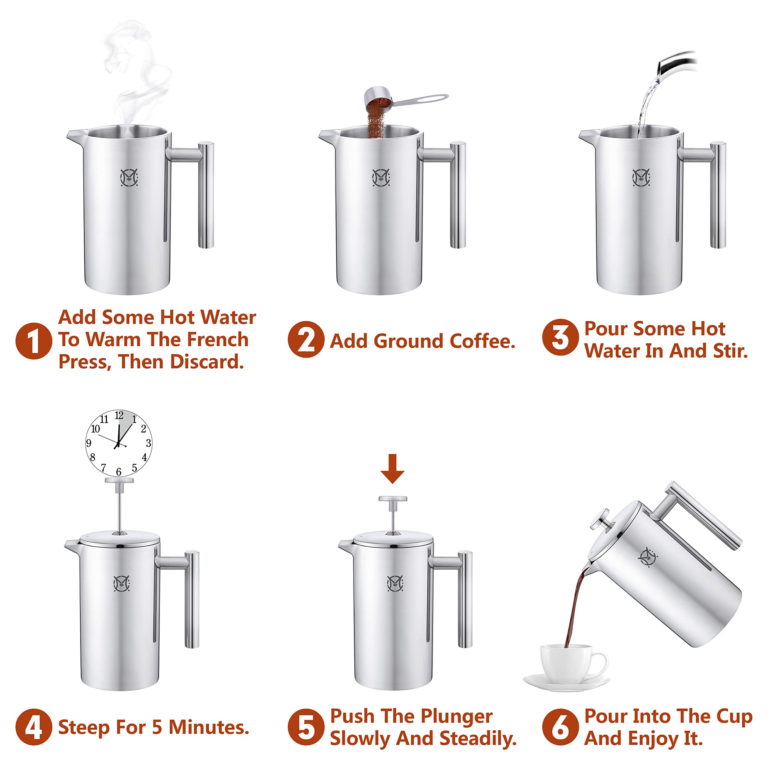 Magicafé French Press Coffee Maker – Single Serve 1 Cup Small Stainless Steel Thermal Double Walled French Press 350ML/12OZ