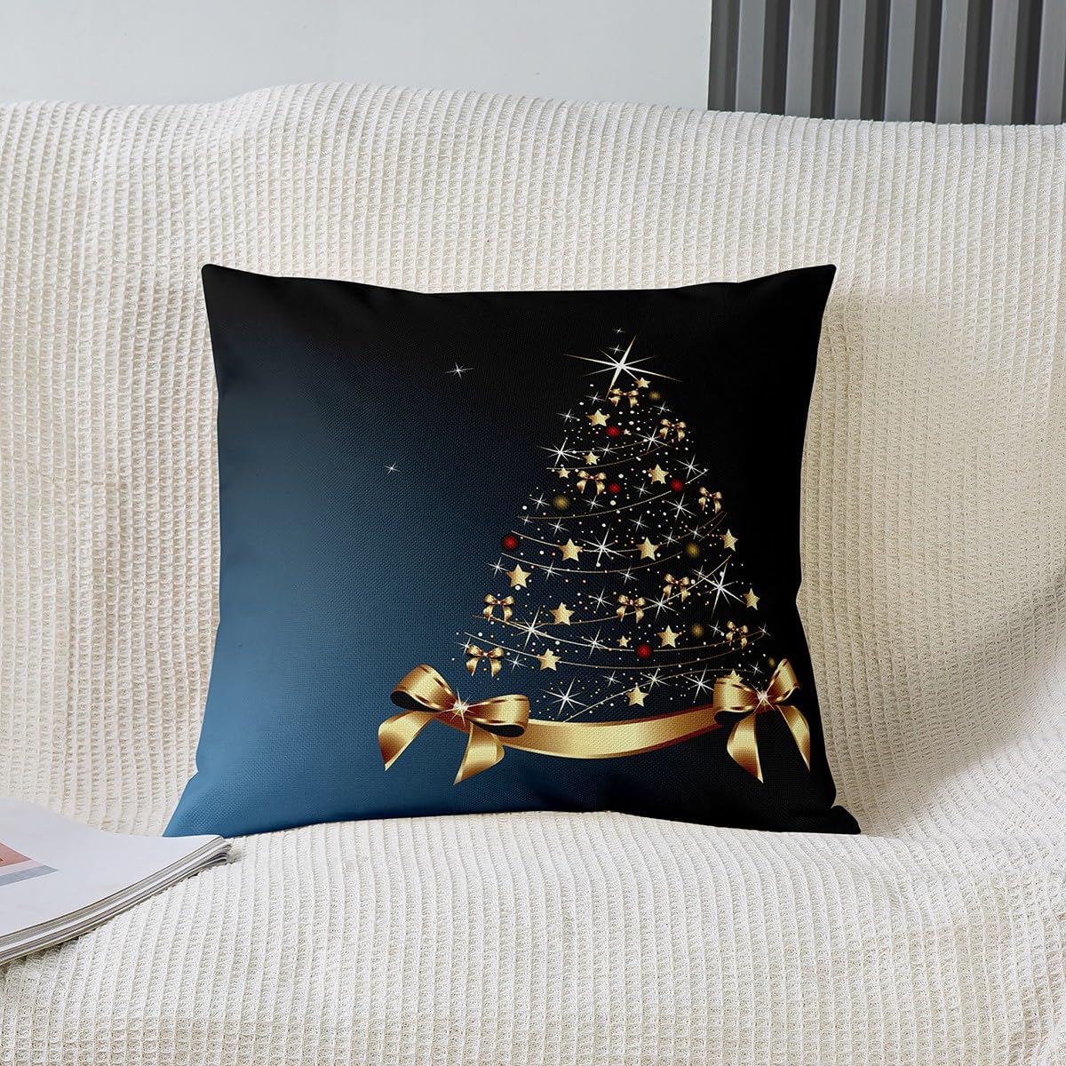 Homewish Abstract Christmas Tree Throw Pillow Cover Modern Simple Gradient Blue Cushion Cover for Kids Teens Adults Glitter Stars Golden Xmas Deocr Cushion Case for Office Sofa 16x16 Inch