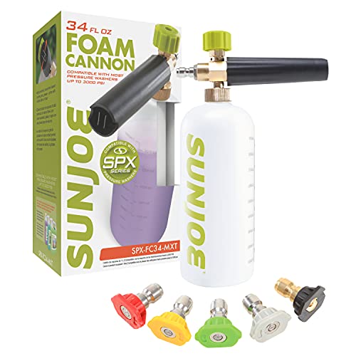 Sun Joe SPX-FC34-MXT Foam Cannon for SPX Series Electric Pressure Washers, 34 Oz, 1/4" Quick Connector, 5 Quick Connect Nozzle Tips, Fits Most Pressure Washers