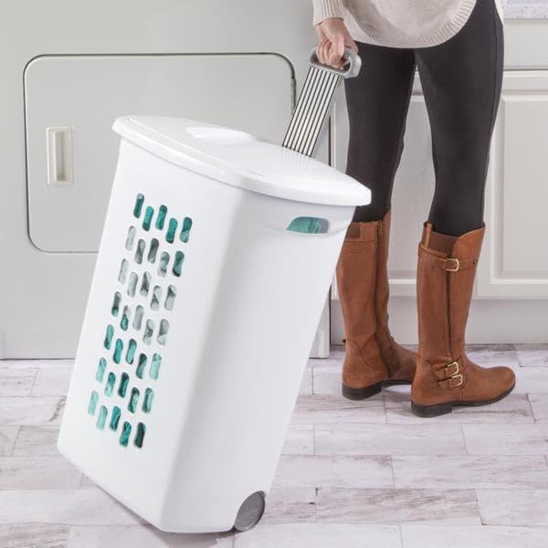 Wheeled Laundry Hamper White with Retractable Handle Large Portable Rolling Laundry Basket With Lid For Dirty Clothes - Made In USA