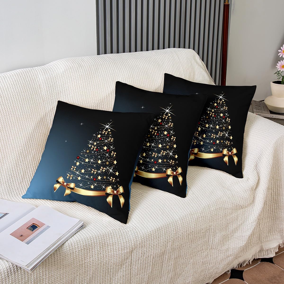 Homewish Abstract Christmas Tree Throw Pillow Cover Modern Simple Gradient Blue Cushion Cover for Kids Teens Adults Glitter Stars Golden Xmas Deocr Cushion Case for Office Sofa 16x16 Inch