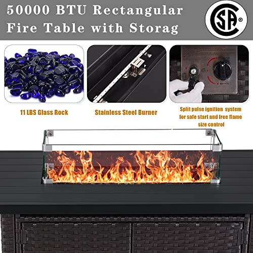 Propane Fire Pit Table, 54 in 50,000 BTU PE Rattan Gas Fire Pit with Glass Wind Guard, Waterproof Cover, Lava Glass, CSA Certified for Outside Garden/Patio/Deck/Poolside.