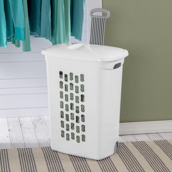 Wheeled Laundry Hamper White with Retractable Handle Large Portable Rolling Laundry Basket With Lid For Dirty Clothes - Made In USA