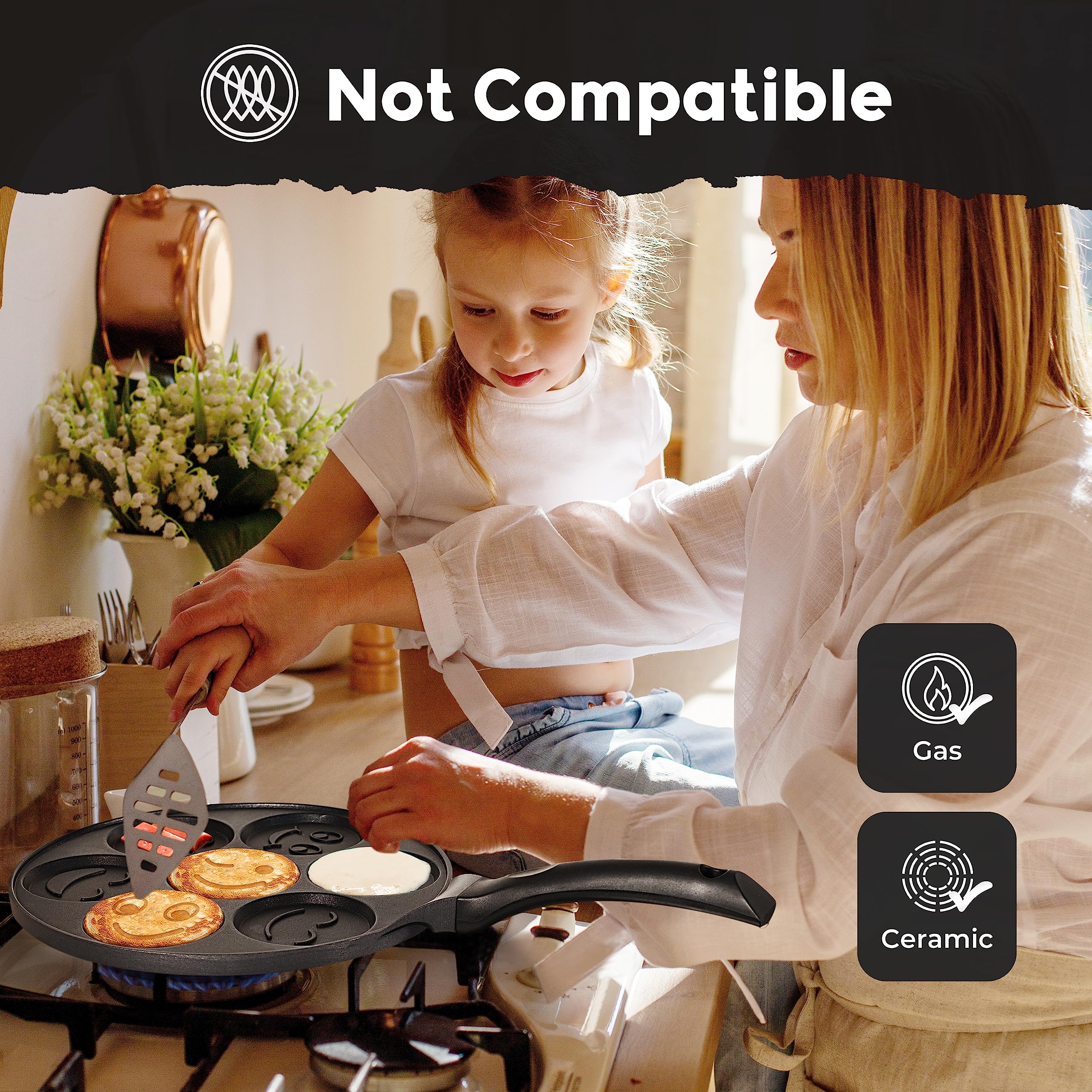 Clockitchen Pancake Pan Nonstick Griddle Pancake Maker Mini Pancake and 7 Smiling Face Cups Pan Breakfast Crepe for Kids, Black