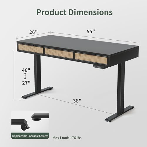 FEZIBO 55X26 Inches Boho Style Height Adjustable Electric Standing Desk with 3 Rattan Drawers, Stand up Desk with Large Storage Space, White(2 Packages)