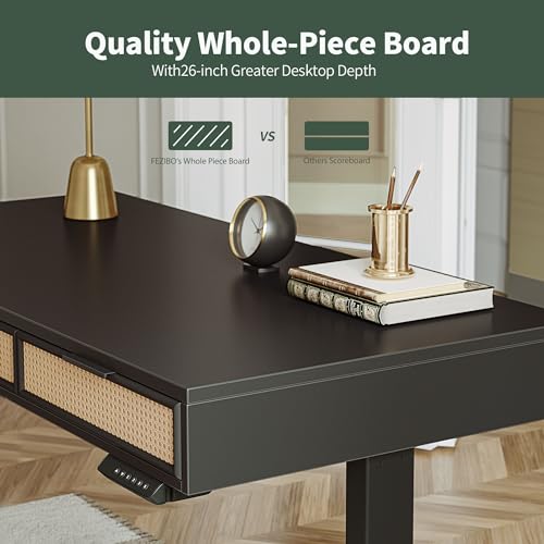 FEZIBO 55X26 Inches Boho Style Height Adjustable Electric Standing Desk with 3 Rattan Drawers, Stand up Desk with Large Storage Space, White(2 Packages)