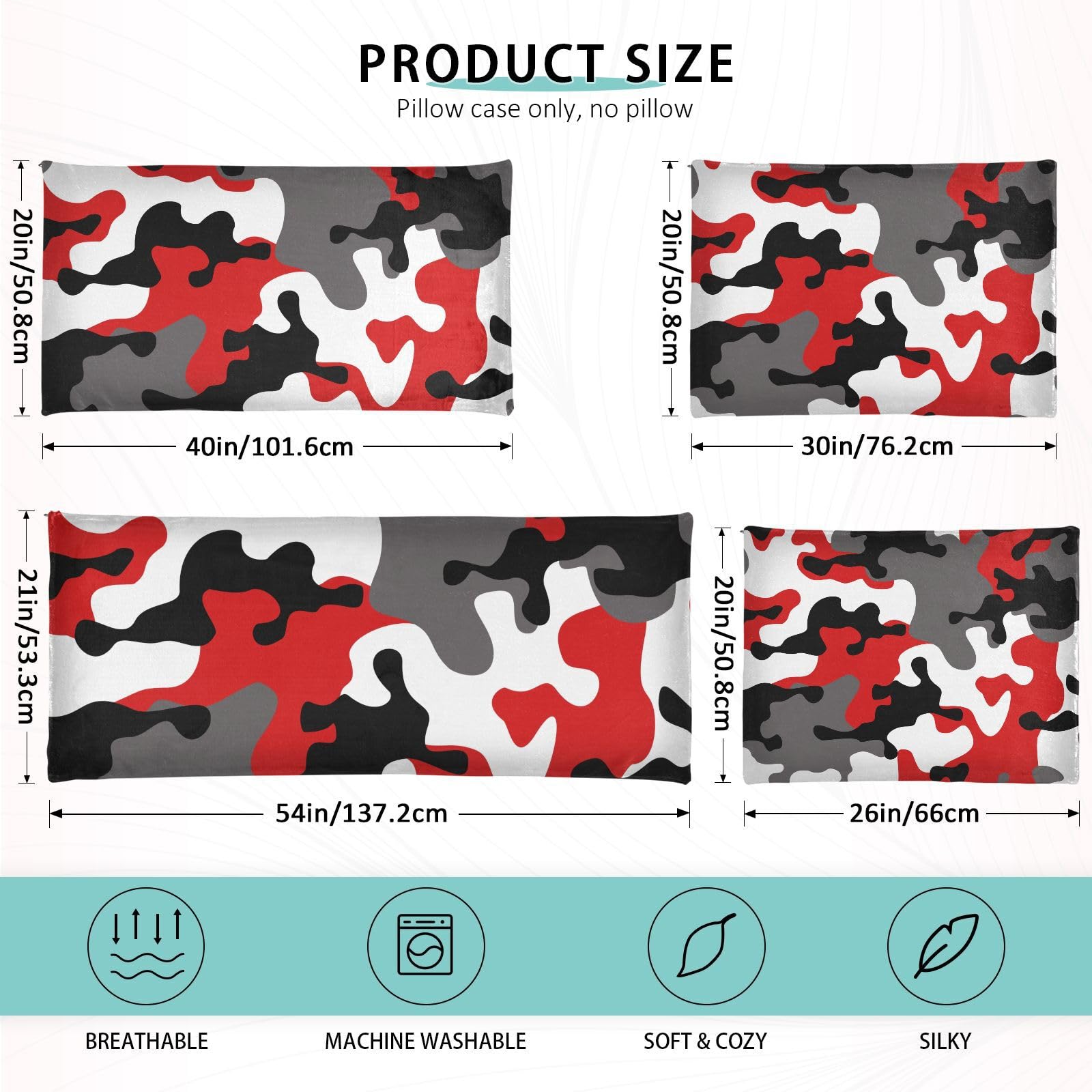 Red Grey Camouflage Pillowcase for Hair and Skin Body Pillow Cover Bed Pillow Cases Standard Size 20"X 26" Flannel Pillow Cases with Zipper for Sleeping
