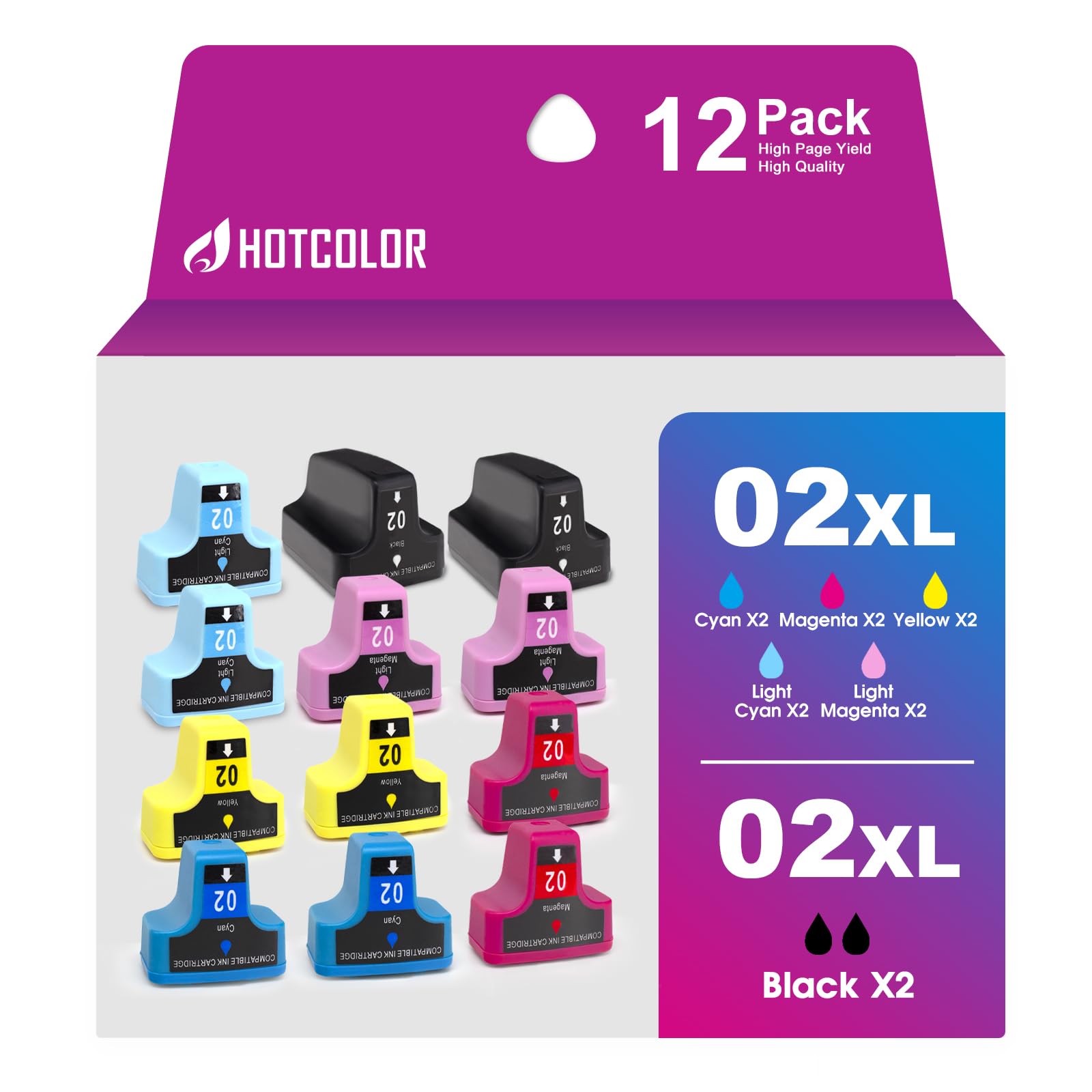 HOTCOLOR Remanufactured for hp 02 Ink Cartridges Replacement for HP 02 Printer Ink cartridges Work for HP PhotoSmart C6280 C7280 8250 D7460 C8180 C6250 Printer (2BK/2C/2M/2Y/2LC/2LM, 12-Pack)