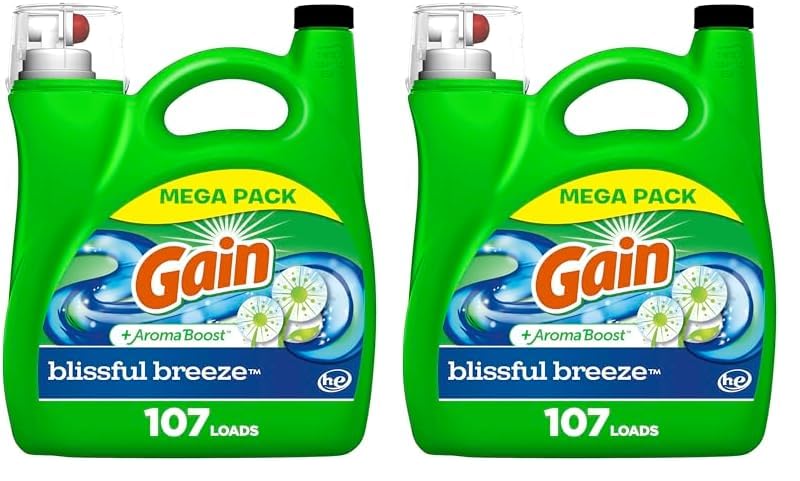 Gain + Aroma Boost Liquid Laundry Detergent, Blissful Breeze Scent, 107 Loads, 154 fl oz, HE Compatible (Pack of 2)