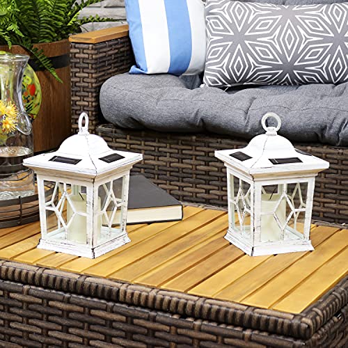 Sunnydaze Lucien Outdoor Solar LED Decorative Candle Lantern - Rustic Farmhouse Decor for Patio, Porch, Deck and Garden - Tabletop and Hanging Outside Light - Set of 2 - White - 9-Inch