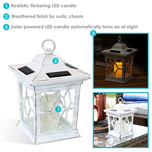 Sunnydaze Lucien Outdoor Solar LED Decorative Candle Lantern - Rustic Farmhouse Decor for Patio, Porch, Deck and Garden - Tabletop and Hanging Outside Light - Set of 2 - White - 9-Inch
