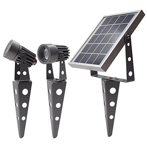 Mini 50X Twin Solar Spotlight (Cool White LED) Outdoor Waterproof Dimmable Dusk to Dawn for Garden Landscape Pathway Car Porch Entrance Lighting Uplight Downlight, Grey Finish