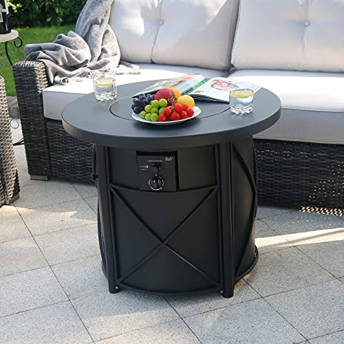 BALI OUTDOORS Gas Firepit Table 30 Inch Round Propane Fire Pit Table, 50,000 BTU Patio Furniture Table Round Fire Column with Fire Glass Cover Lid, Column FirePit for Patio, Garden, Backyard and Porch