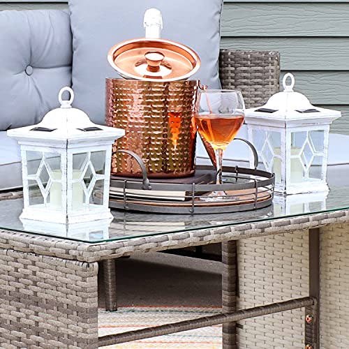 Sunnydaze Lucien Outdoor Solar LED Decorative Candle Lantern - Rustic Farmhouse Decor for Patio, Porch, Deck and Garden - Tabletop and Hanging Outside Light - Set of 2 - White - 9-Inch