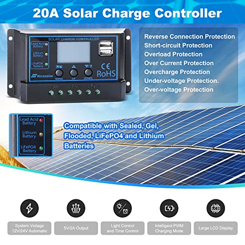 Nicesolar 100W 12V Solar Panel kit Monocrystalline Off Grid System Battery Charger for RV Boat Trailer Cabin Garden Shed Home, with 20A Charge Controller for Sealed Gel Flooded and Lithium Batteries