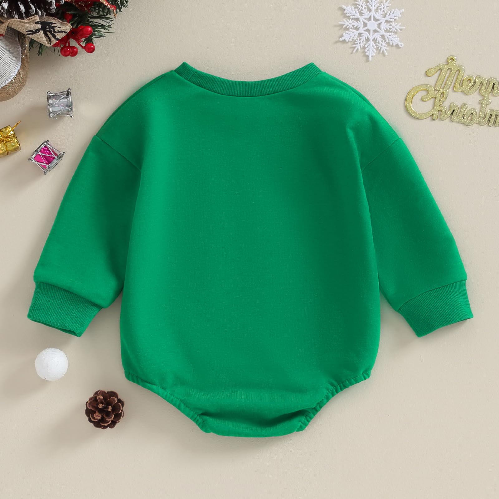 Newborn Baby Boy Girl Christmas Outfit Crewneck Sweatshirt Romper Long Sleeve Bubble Romper Oversized Bodysuit Top (Green Santa, 18-24 Months)