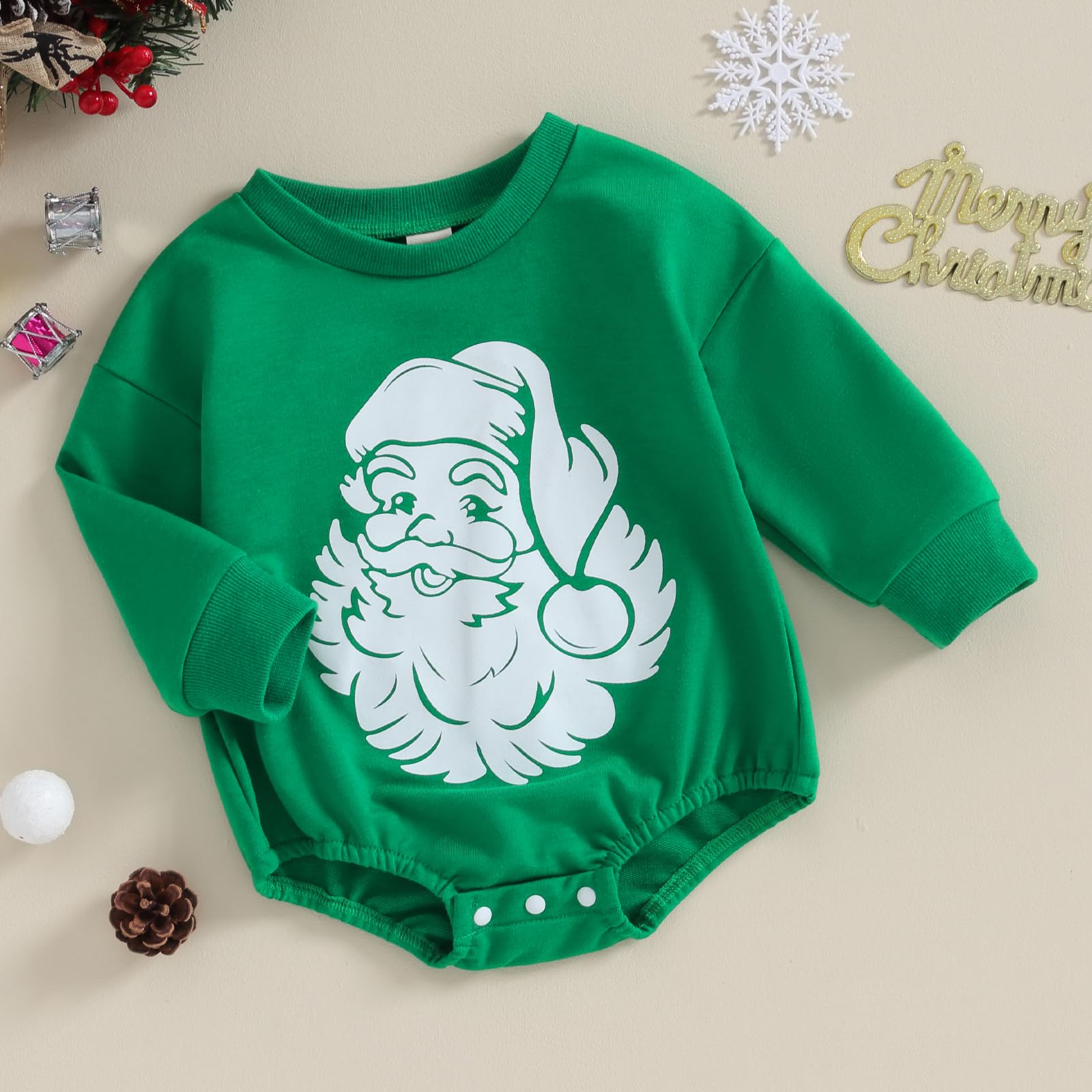 Newborn Baby Boy Girl Christmas Outfit Crewneck Sweatshirt Romper Long Sleeve Bubble Romper Oversized Bodysuit Top (Green Santa, 18-24 Months)