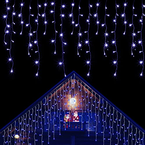 Blissun 360 LED Iciclelights, 29.5FT 8 Modes Curtain Fairy Lights with 60 Drops, Christmas Outdoor String Lights for Wedding Halloween Thanksgiving Party Home Garden Indoor Decorations, Blue