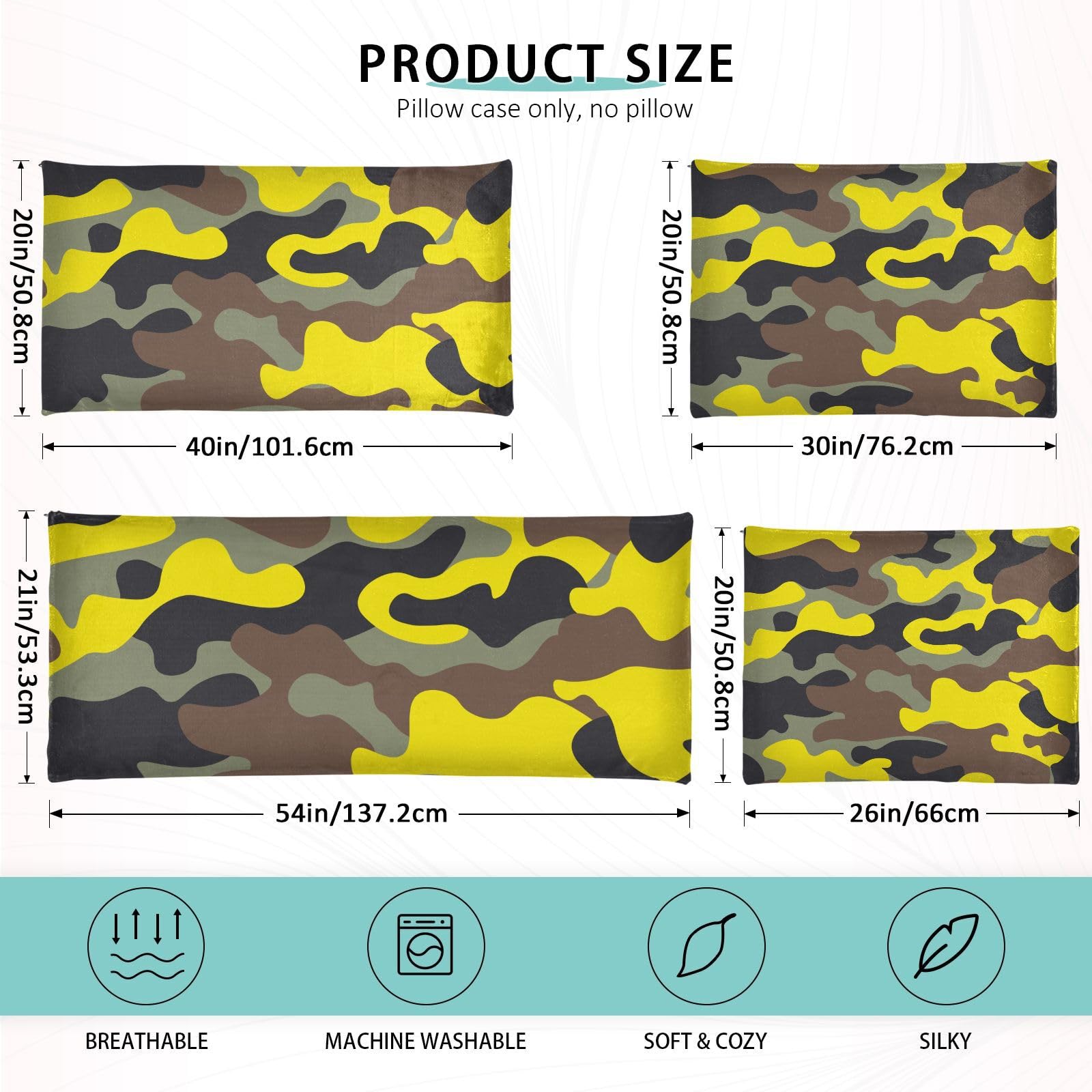 Yellow Camo Pillowcase for Hair and Skin Body Pillow Cover Long Pillow Covers 20"X 54" Pillow Cases Body Size with Zipper for Pillow