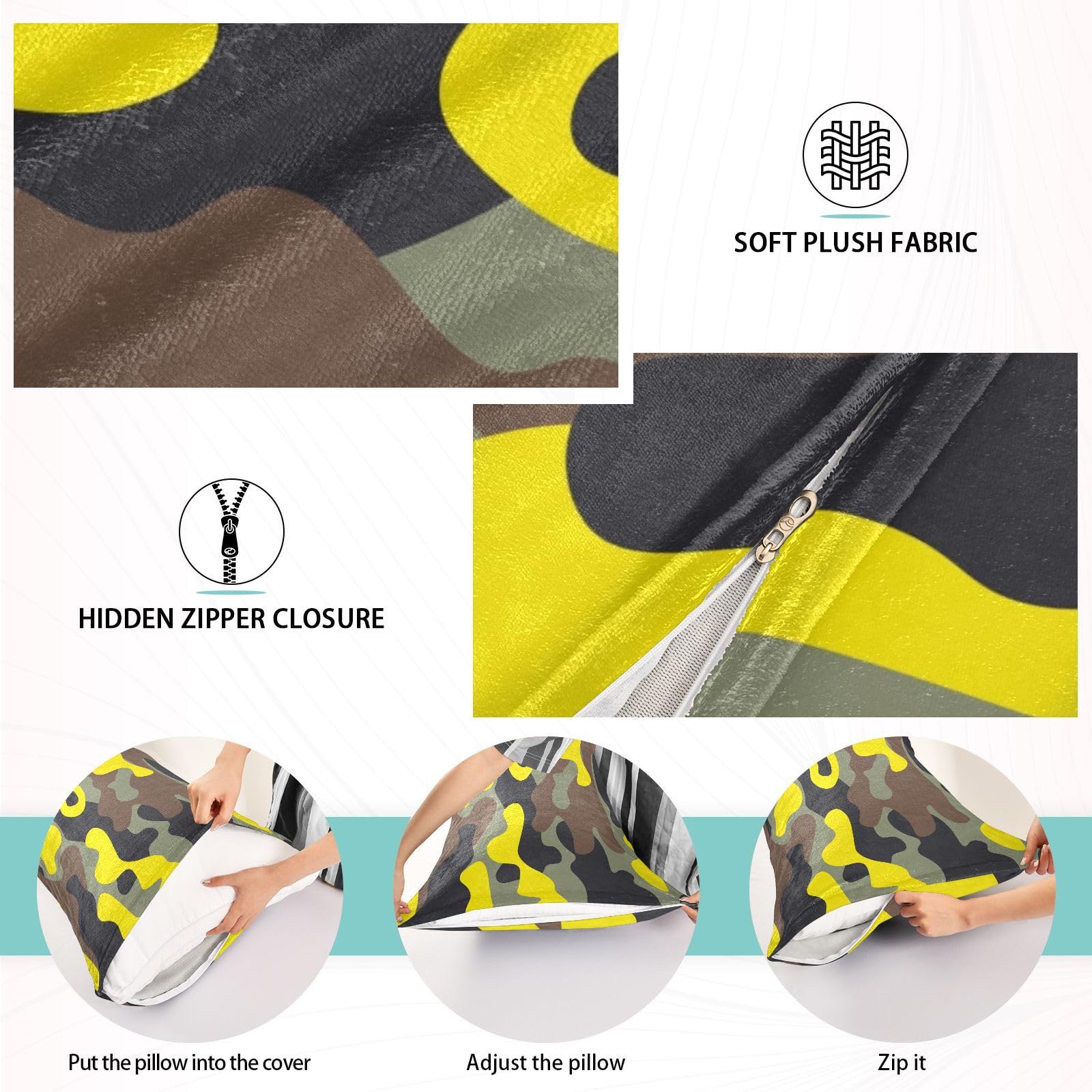 Yellow Camo Pillowcase for Hair and Skin Body Pillow Cover Long Pillow Covers 20"X 54" Pillow Cases Body Size with Zipper for Pillow