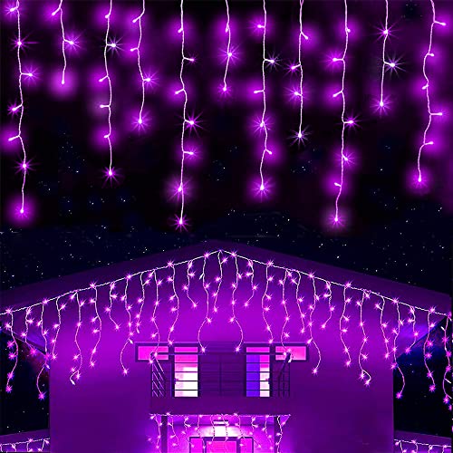 LED Icicle Christmas Lights Outdoor/Indoor 32.8ft 8 Modes Fairy Lights 60 Drops with 300 LED Perfect Ratio, Dripping Eaves Curtain Lights, for Xmas Garden Wedding Patio Party Decorations, Purple
