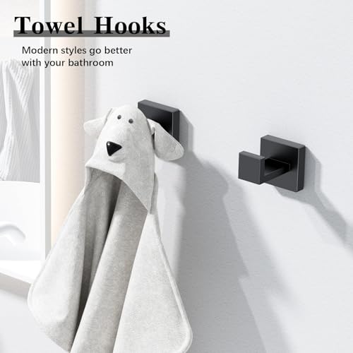 Matte Black Bathroom Hardware Accessories Set 5-Piece Towel Bar Set with Rotatable Square Towel Ring,Bath Towel Holder Set SUS304 Stainless Steel Wall-Mounted,16 Inch