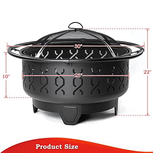 SINGLYFIRE 30 Inch Fire Pits for Outside Wood Burning Outdoor Large FirePit Round Steel Firepit for Patio Backyard Garden Outdoor Heating,with Spark Screen,Log Grate,Poker, Black (SFPR-001)