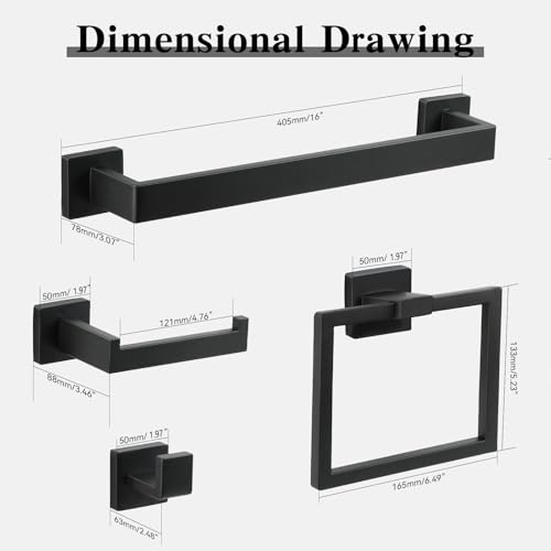 Matte Black Bathroom Hardware Accessories Set 5-Piece Towel Bar Set with Rotatable Square Towel Ring,Bath Towel Holder Set SUS304 Stainless Steel Wall-Mounted,16 Inch