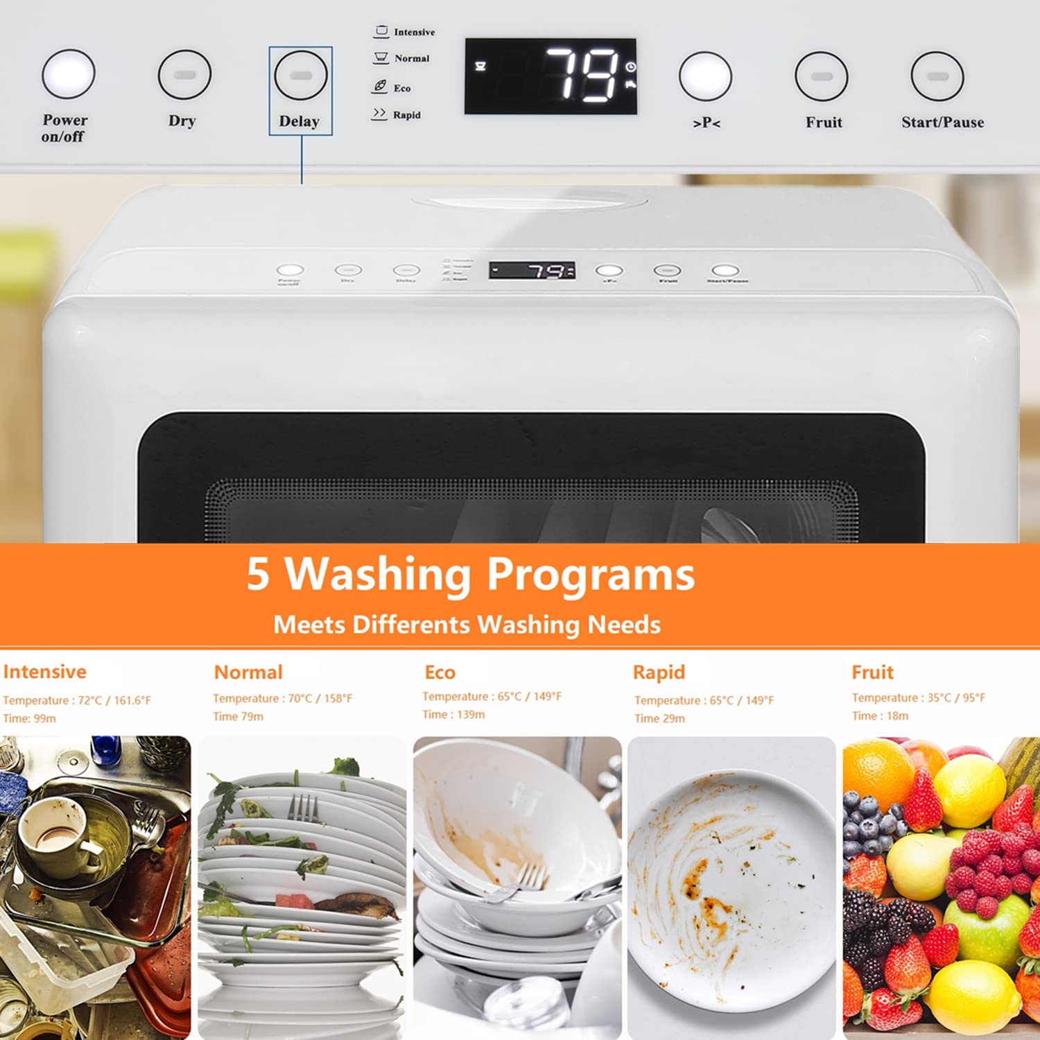 ROVSUN Portable Countertop Dishwasher, Mini Dishwasher with 5 Washing Programs, 5L Built-in Water Tank, 360° Spray Arms, Air-Dry Function & Fruit Cleaning for Apartments, Dorms and RVs (White)