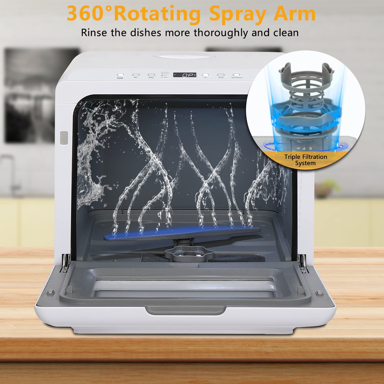 ROVSUN Portable Countertop Dishwasher, Mini Dishwasher with 5 Washing Programs, 5L Built-in Water Tank, 360° Spray Arms, Air-Dry Function & Fruit Cleaning for Apartments, Dorms and RVs (White)