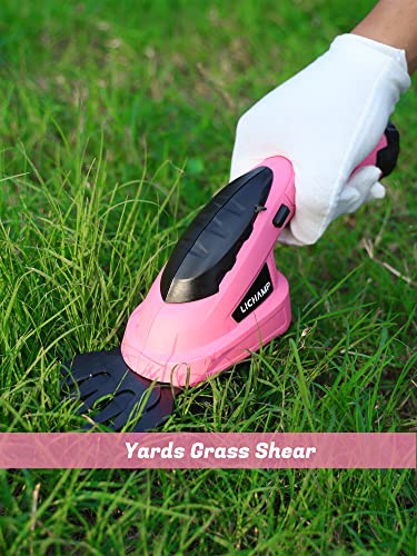 Lichamp 2-in-1 Electric Hand Held Grass Shear Pink Hedge Trimmer Shrubbery Clipper Cordless Battery Powered Rechargeable for Garden and Lawn, CGS3601PK Pink