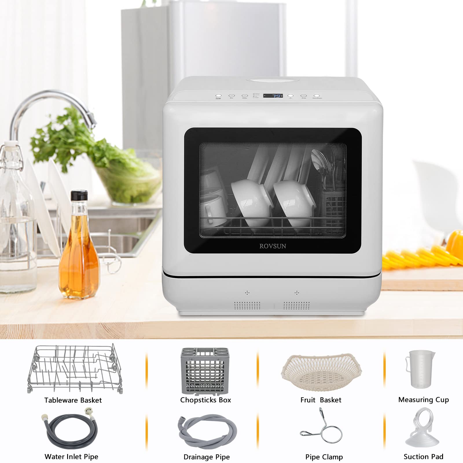 ROVSUN Portable Countertop Dishwasher, Mini Dishwasher with 5 Washing Programs, 5L Built-in Water Tank, 360° Spray Arms, Air-Dry Function & Fruit Cleaning for Apartments, Dorms and RVs (White)