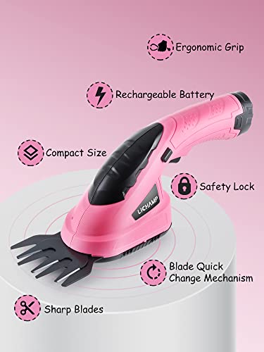 Lichamp 2-in-1 Electric Hand Held Grass Shear Pink Hedge Trimmer Shrubbery Clipper Cordless Battery Powered Rechargeable for Garden and Lawn, CGS3601PK Pink