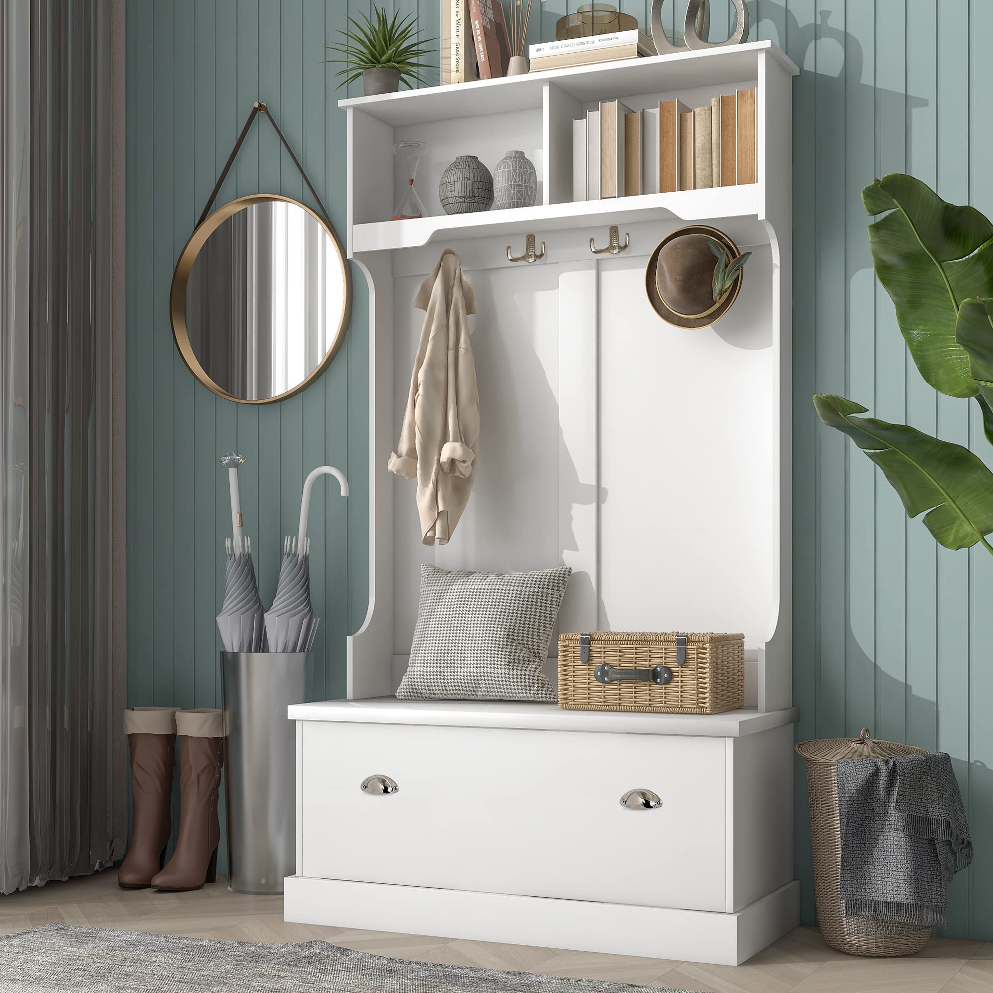 Prohon 71.9'' H Hall Tree with 4 Hooks, Top Shelves and 2-Drawer Storage Bench, 3-in-1 Wood Entryway Coat Rack Multifunctional Halltree for Hallway, Bedroom, White