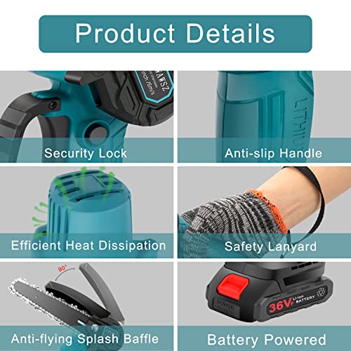 Mini Chainsaw 6-Inch with 2 Battery, Cordless power chain saws with Security Lock, Handheld Small Chainsaw for Wood Cutting Tree Trimming