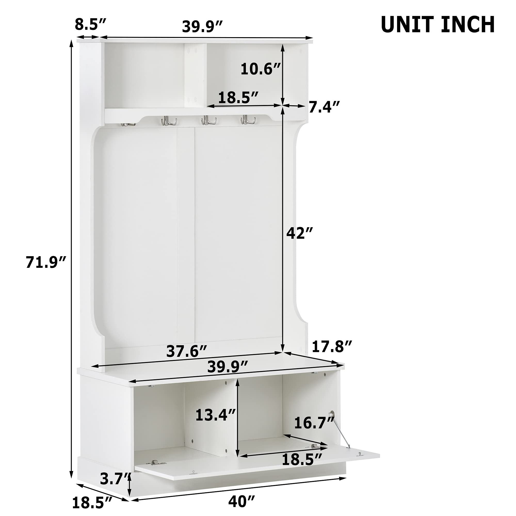 Prohon 71.9'' H Hall Tree with 4 Hooks, Top Shelves and 2-Drawer Storage Bench, 3-in-1 Wood Entryway Coat Rack Multifunctional Halltree for Hallway, Bedroom, White