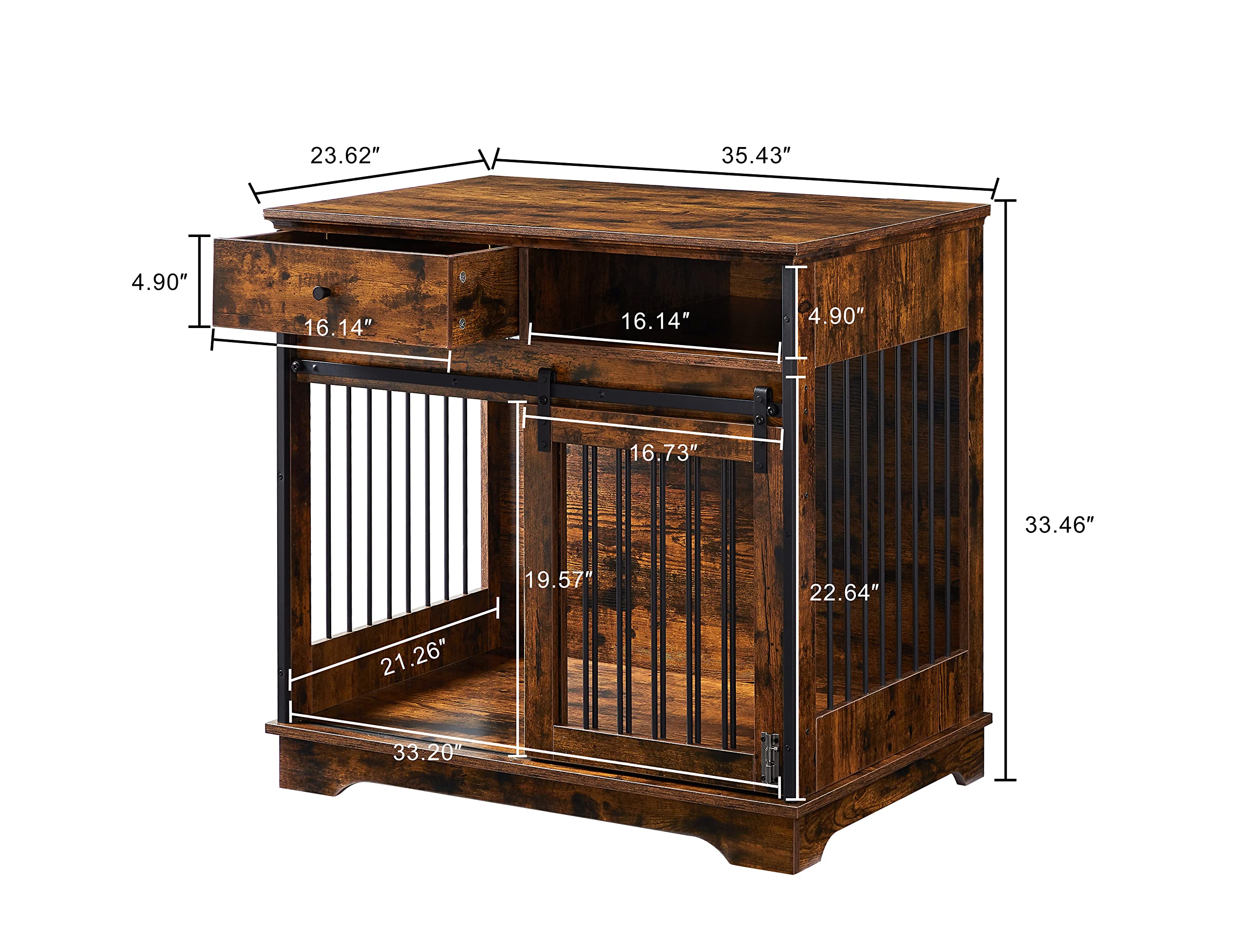 Lostcat Dog Crate Furniture with Sliding Barn Door, with Drawer and Storage,35in Rustic Style Decorative Dog Cage,Wooden Dog Kennel End Table, Easy Assembly,for Small Medium Dog(Rustic Brown)