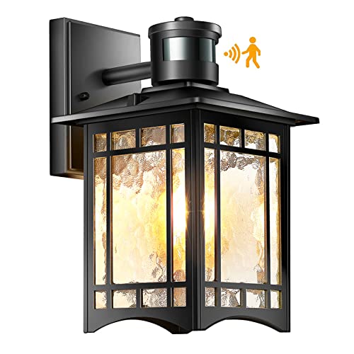 XANGQAN Motion Sensor Outdoor Lights Dusk to Dawn Lighting Waterproof Exterior Light Fixture Black 100% Anti-Rust Aluminum Wall Lights with Water Ripple Glass for House Porch Patio Garage Entryway