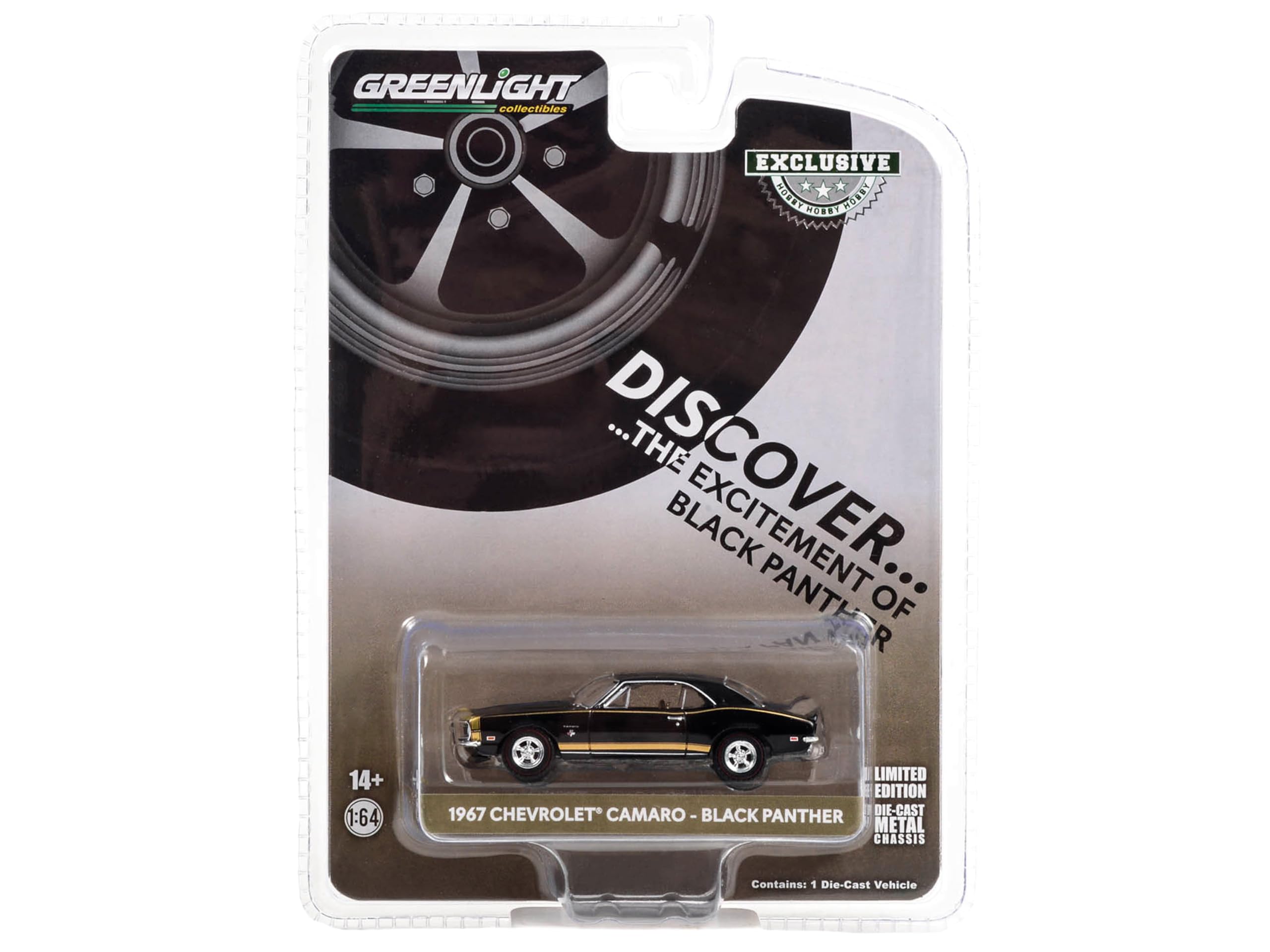 1967 Chevy Camaro Black Panther Black with Gold Stripes Hobby Exclusive Series 1/64 Diecast Model Car by Greenlight 30377