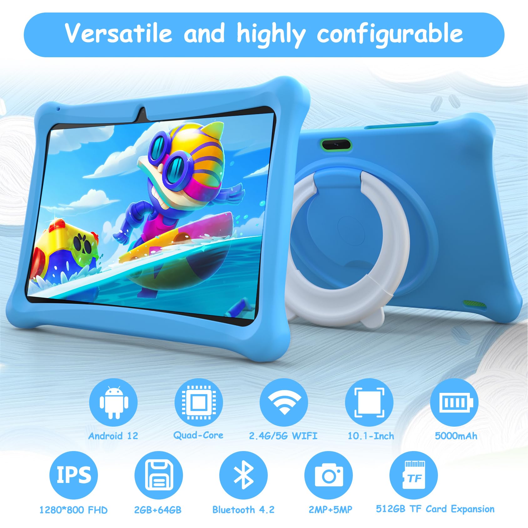 SGIN 10.1 inch Kids Tablet Android 12, 64GB ROM 2GB RAM(TF Card 512GB), Pre-Installed iWawa, Parental Control, 2.4G/5G WiFi, BT4.2, Dual Camera, Educational, Toddler Tablet Shockproof Case(Blue)